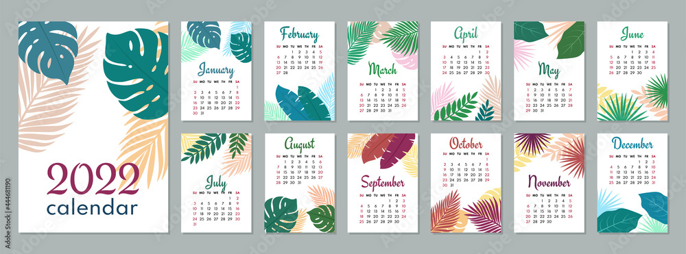 2022 calendar template. Calendar concept design with leaves. Week ...