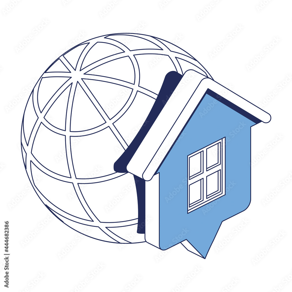 Global earth, home pin map label. Vector 3d line isometric, color web ...