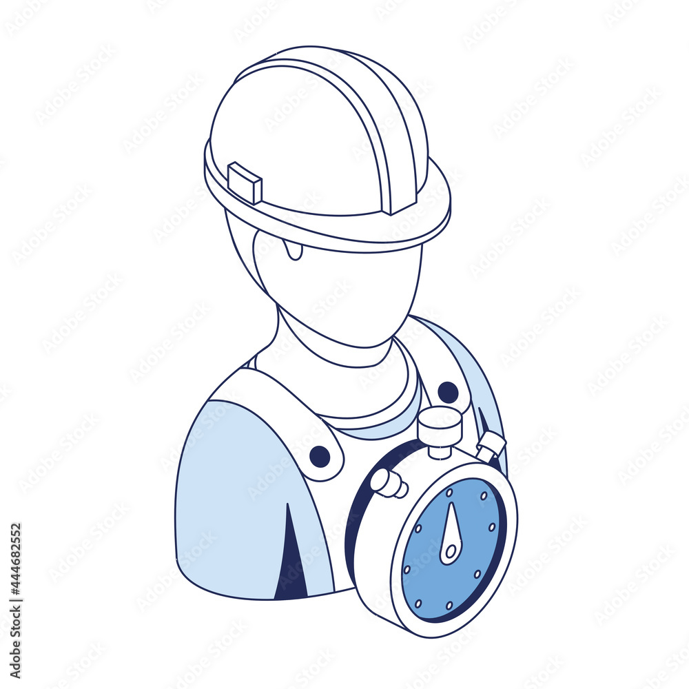 Stopwatch, timer, builder in hard hat. Vector 3d line isometric, color ...