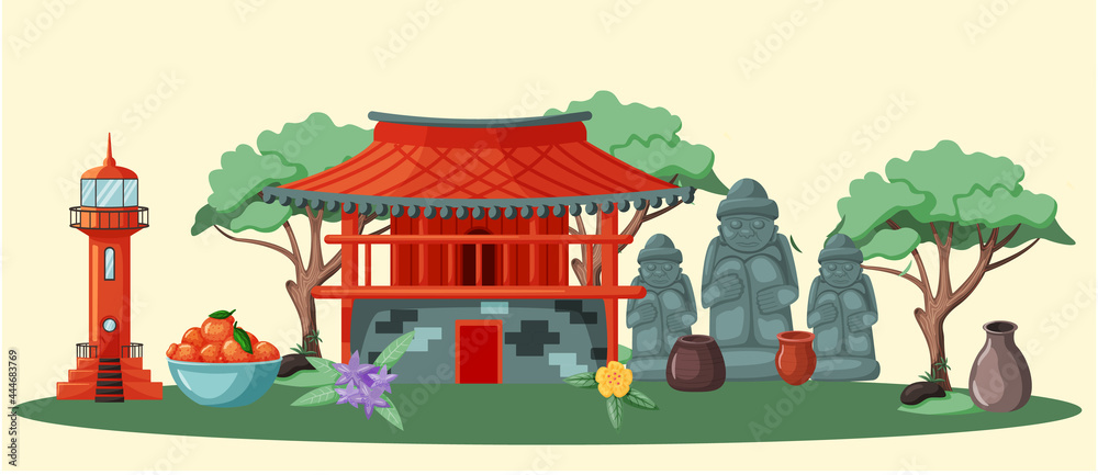 Jeju island in South Korea, tourist tour banner. Summer vacation ...