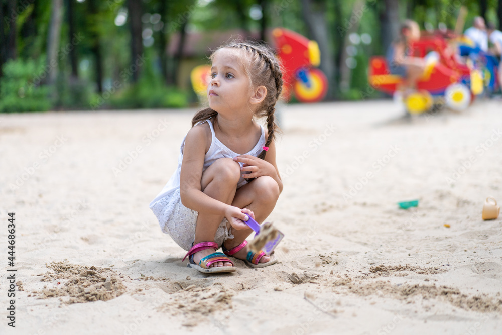 Little Girl Playing Sandbox Playground Digging Sand Shovel Building ...