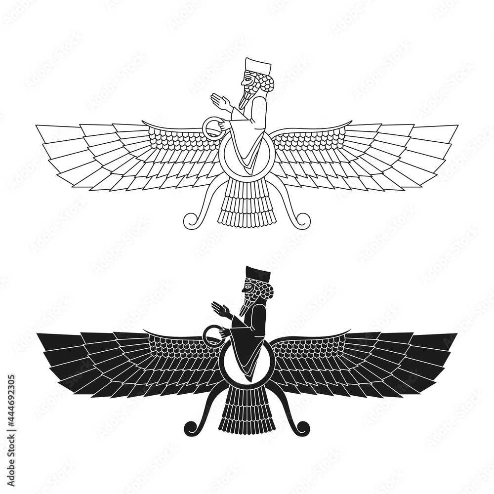 vector monochrome icon with ancient sumerian symbol Faravahar for your ...