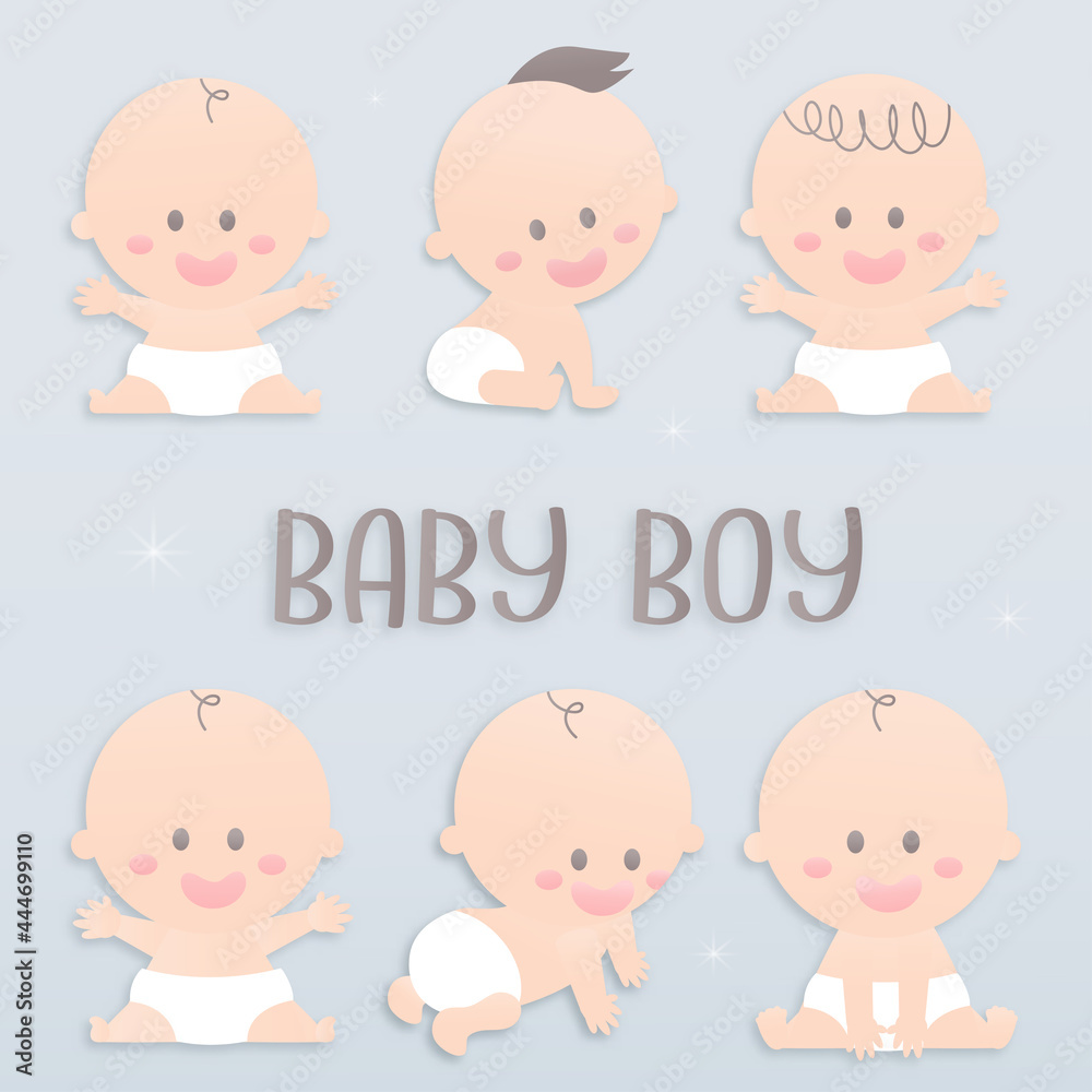 Character Set with a cute little baby boy in a diaper. Active baby of 3 ...