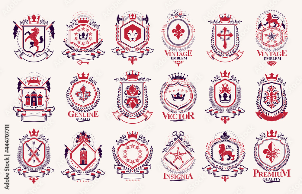 Classic style emblems big set, ancient heraldic symbols awards and ...