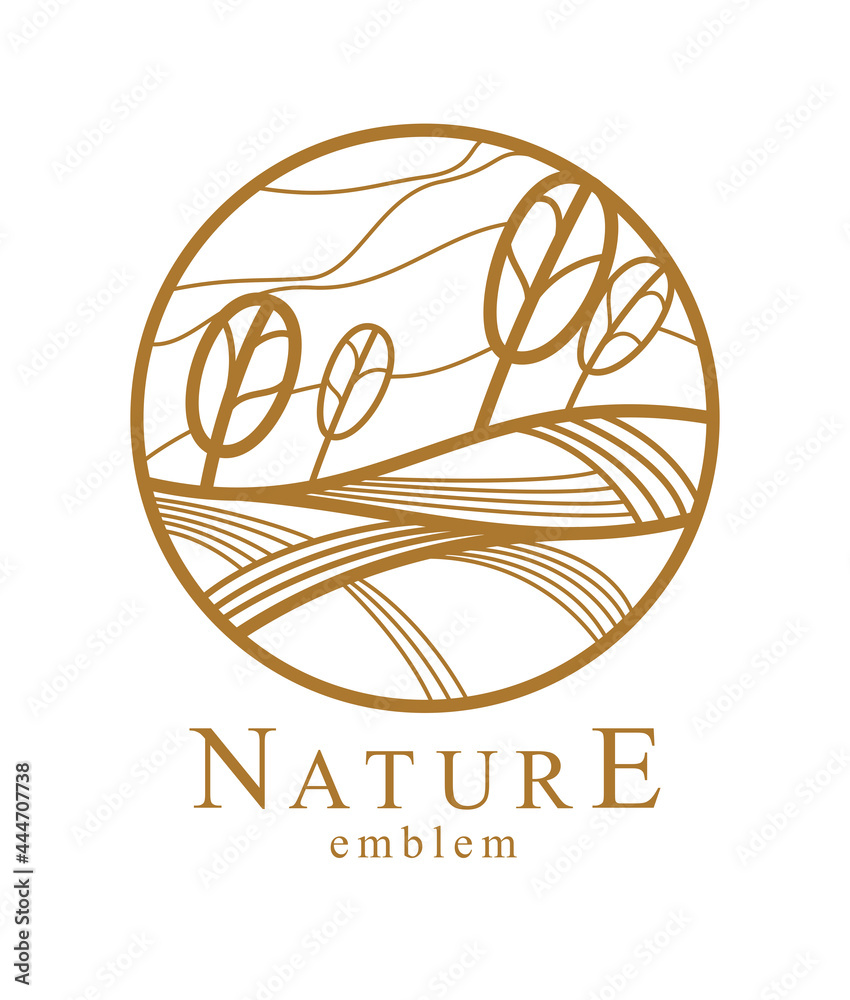 Linear drawing of landscape with trees in a shape of circle template ...