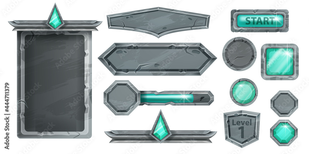 Vetor do Stock: Stone UI game vector kit, medieval rock signboard, menu ... Vetor do Stock: Stone UI game vector kit, medieval rock signboard, menu ...