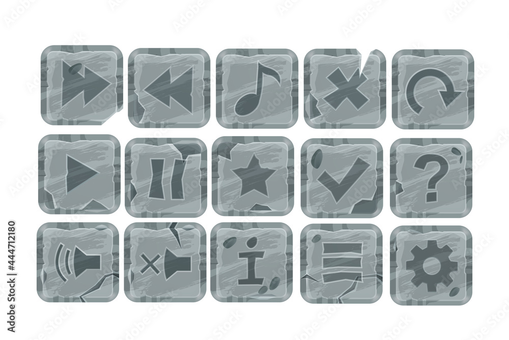 Stone game cartoon vector buttons, user interface rock icon set, square ...