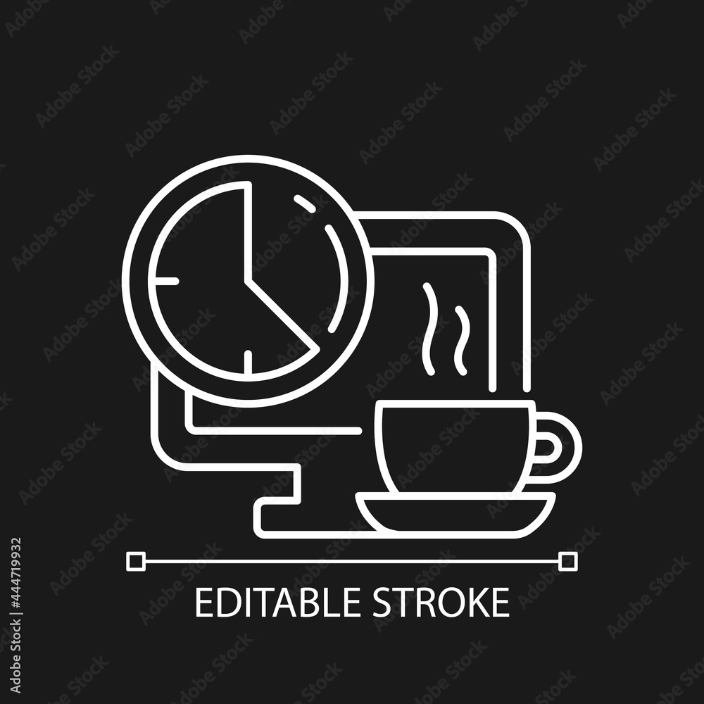 Breaks in work graphic white linear icon for dark theme. Time for rest ...