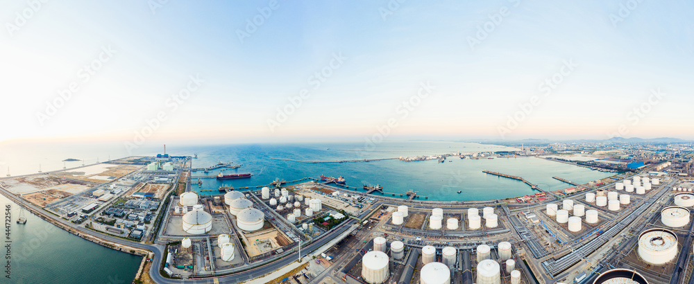 Aerial view oil tanker. Oil loading dock of business logistic sea going ...
