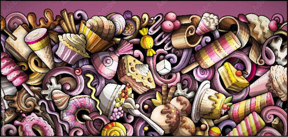 Desserts hand drawn doodle banner. Cartoon vector detailed flyer ...