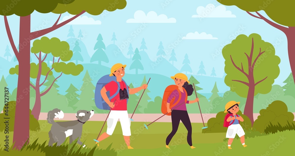 Family hiking. Travelers hike, kids trekking in forest. Tourism ...