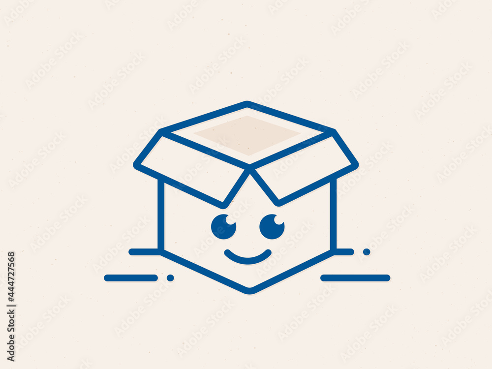 Vecteur Stock Open delivery box logo with cartoon smile face. Happy ...