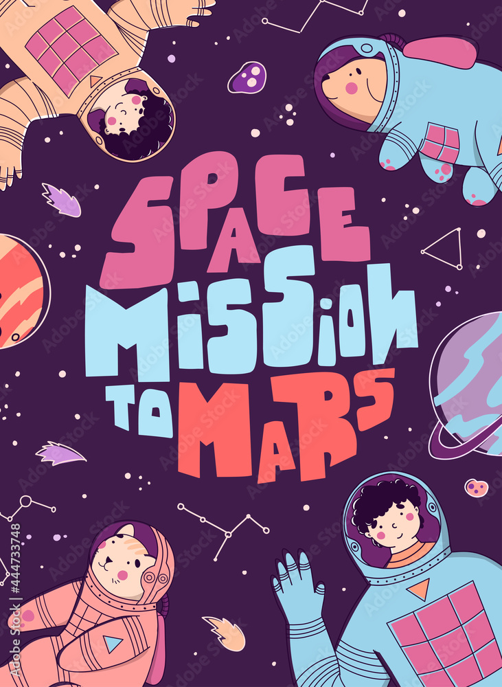 Space mission to mars in fantastic style on deep background. Flat ...