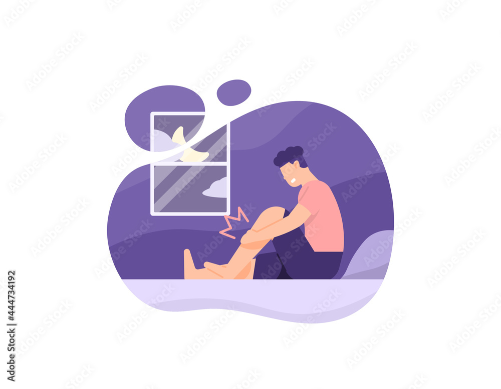illustration of a man who feels pain in his leg at night. foot injury ...