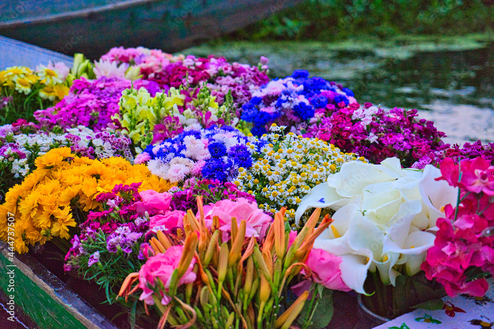 Flowers on shikara boat at floating market in morning. View of Dal Lake ...