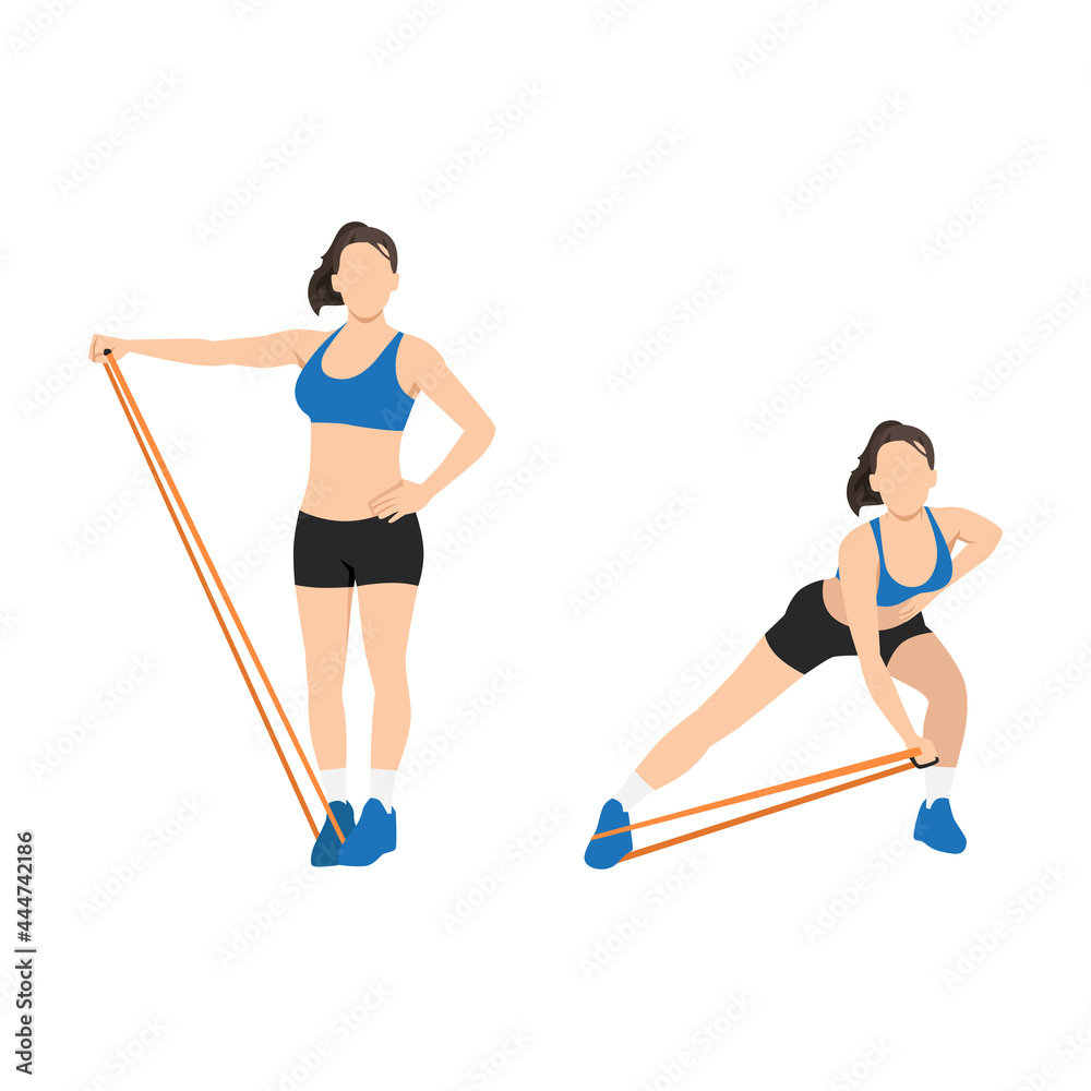 Woman doing Side lunge band lateral raise exercise. Flat vector ...