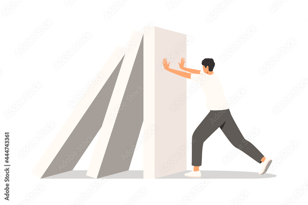 Stopping the chain reaction, business stability. Man pushes a rectangle ...