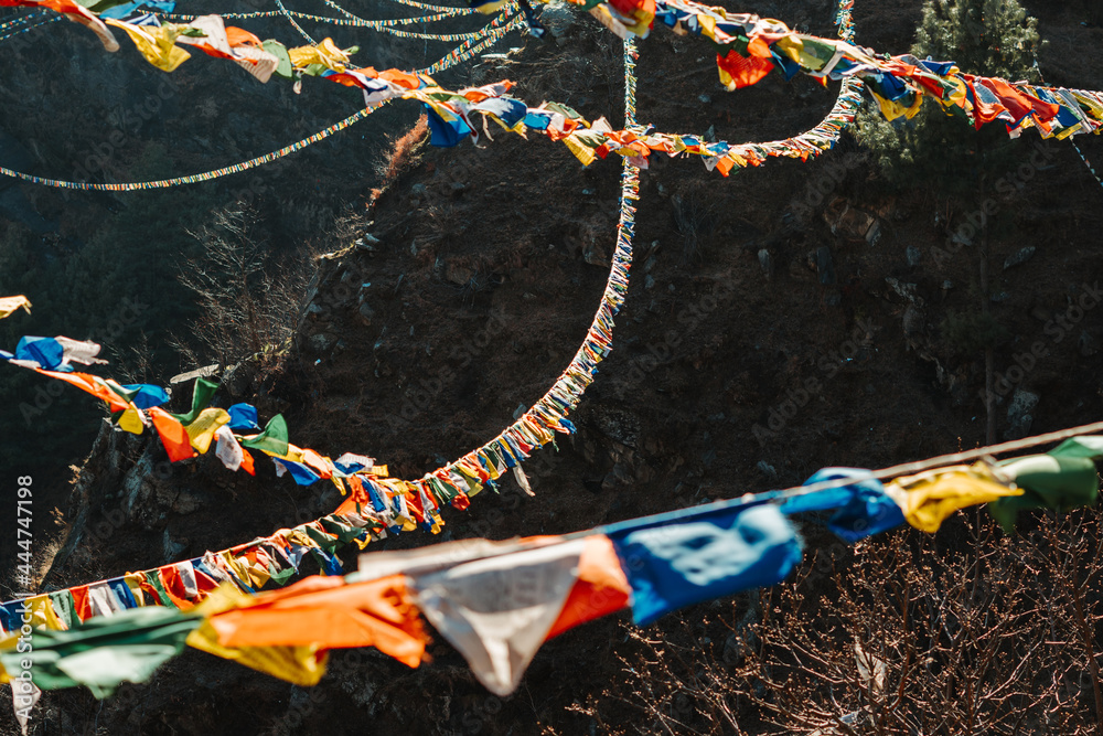 Close-up shot of the Colorful Buddhist Bhutanese Tibetan prayer flag ...