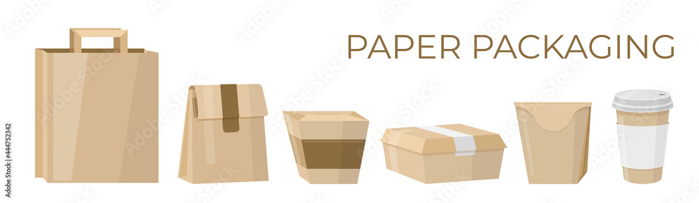 A set of different eco-friendly packaging made of paper and cardboard ...