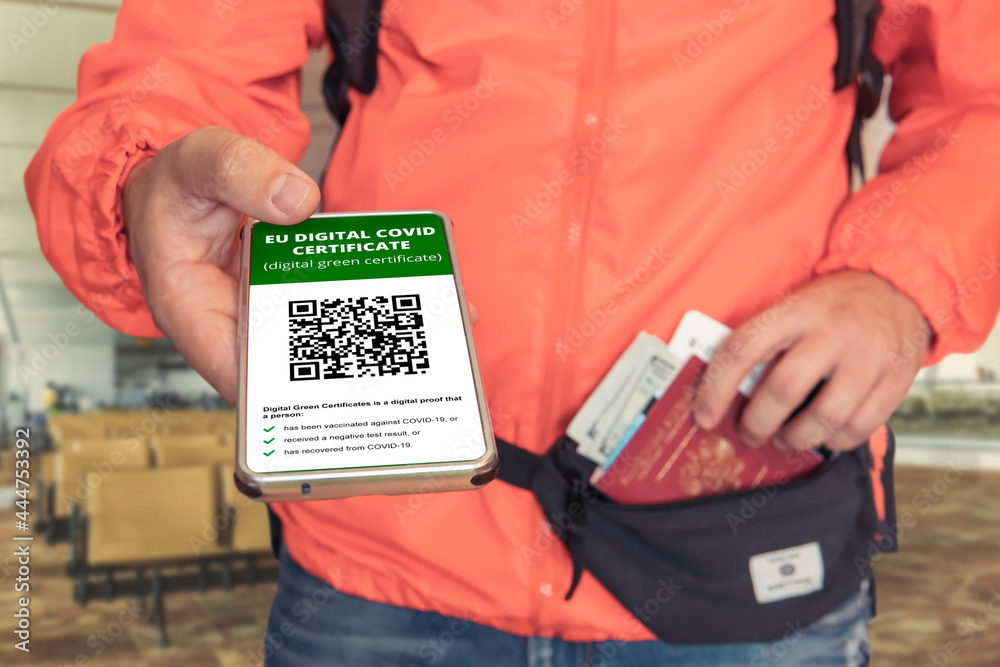 Hand holding smartphone display on app mobile vaccinated covid-19 or ...