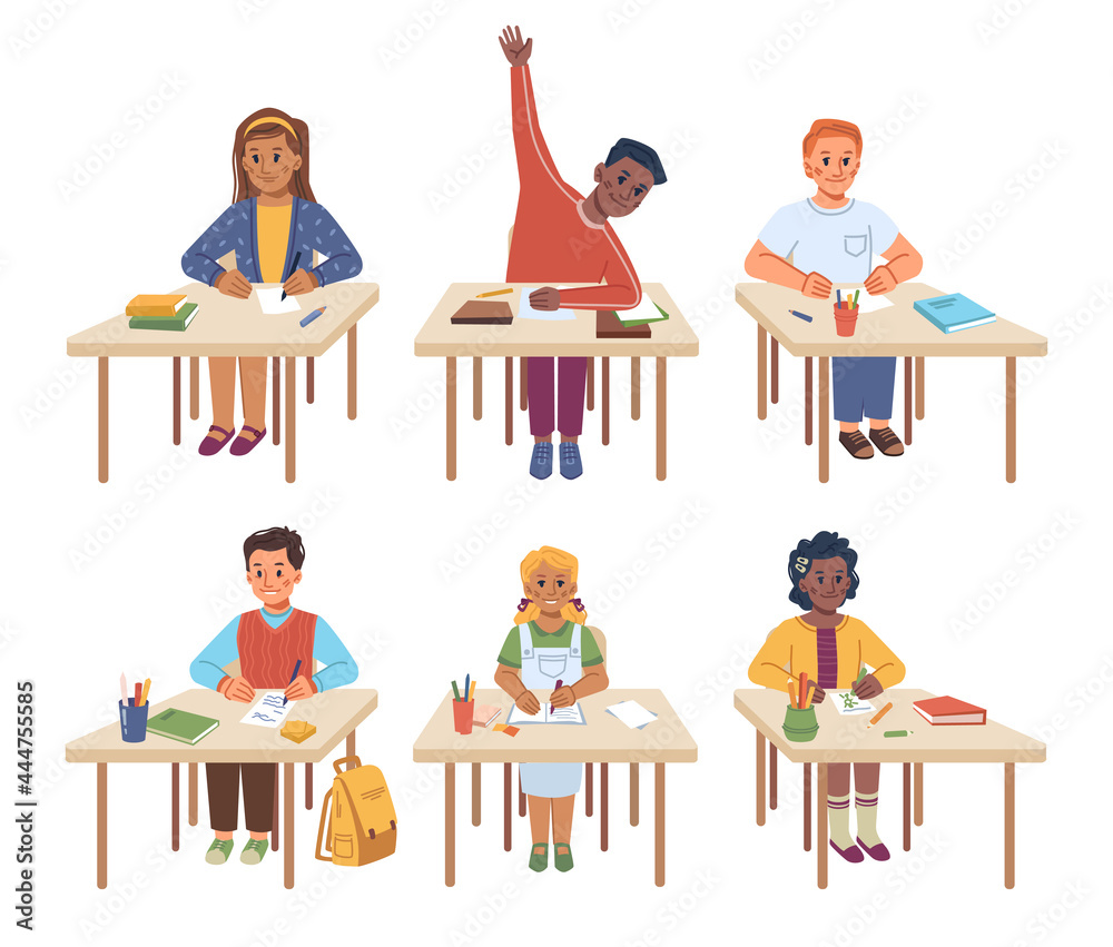 Children studying in school sitting by desks at lesson. Isolated kids ...