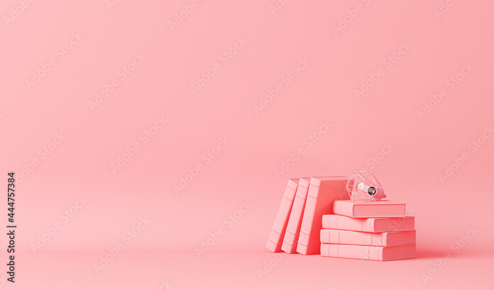 Books and light bulb in monochrome pink color background, single color ...