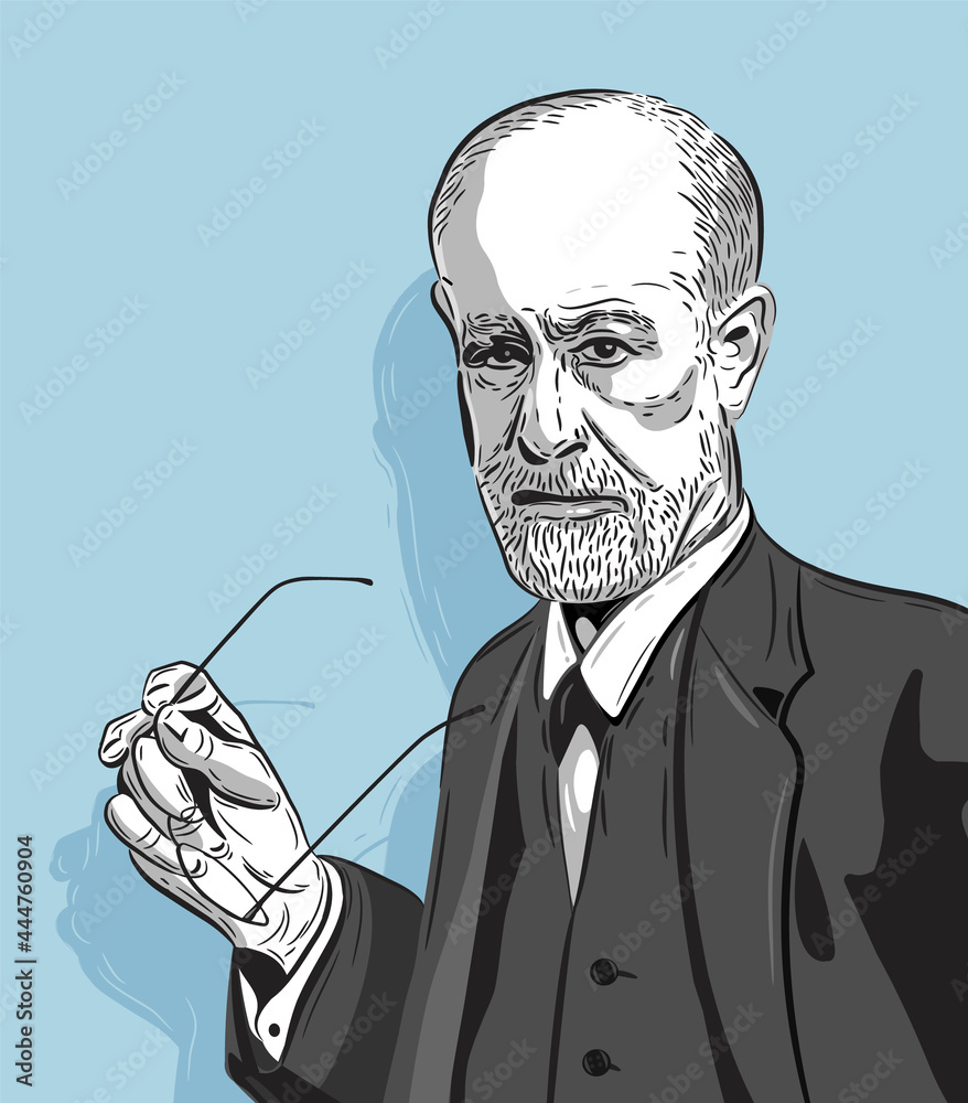 Sigmund Freud, portrait. Ego, superego, libodo, sexuality. Vector line ...