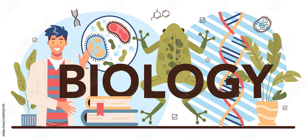 Biology typographic header. Students exploring nature and living ...