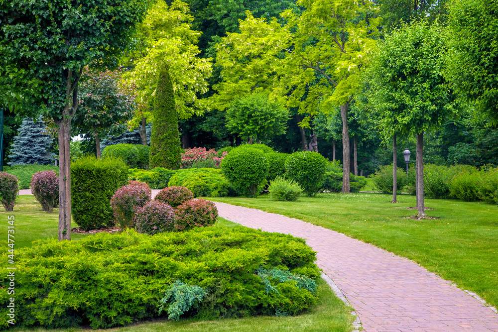 curved pedestrian walkway of stone tiles in park with landscape design ...