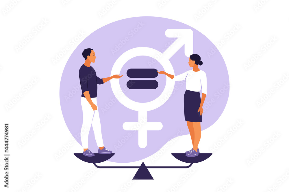Gender equality concept. Men and women character on the scales for ...