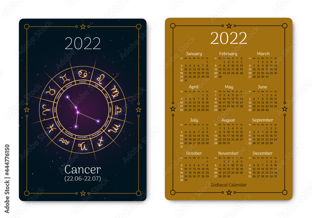 Cancer pocket size calendar layout with zodiac sign. 2022 year double ...
