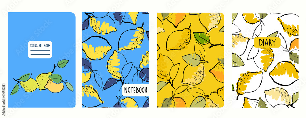 Set of cover page templates with hand drawn lemons. Based on seamless ...