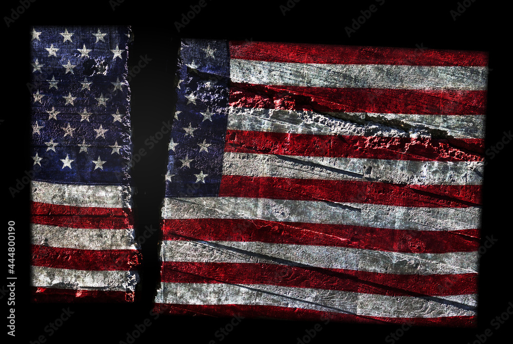 Distressed US flag split in two representing American political ...