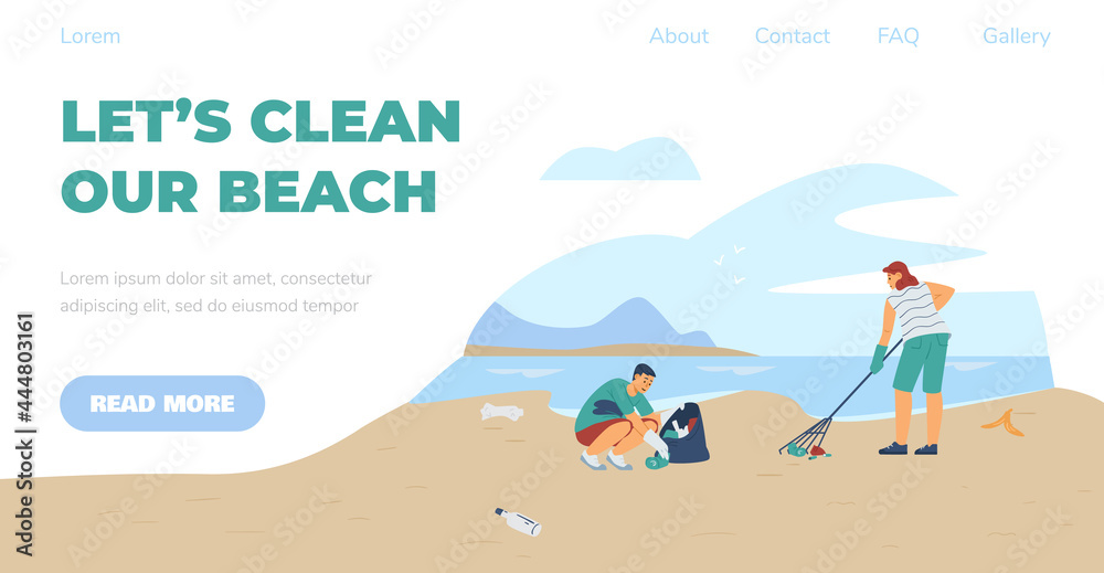 Beach cleaning event banner with people characters, flat vector ...