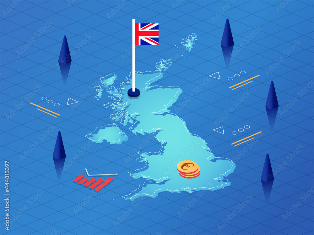 United Kingdom Map, Flag and Currency Modern Isometric Business and ...