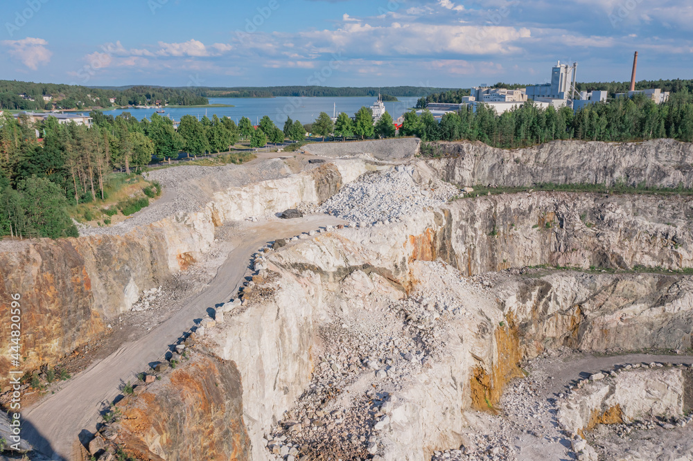 Dolomite quarry.Photo from the top. Industrial terraces in a mining ...