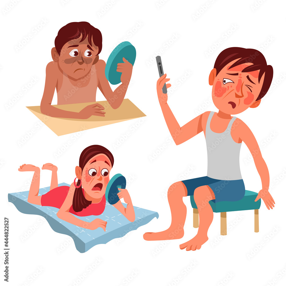 Cartoon Sunburn people, People in hot weather. Male and female ...