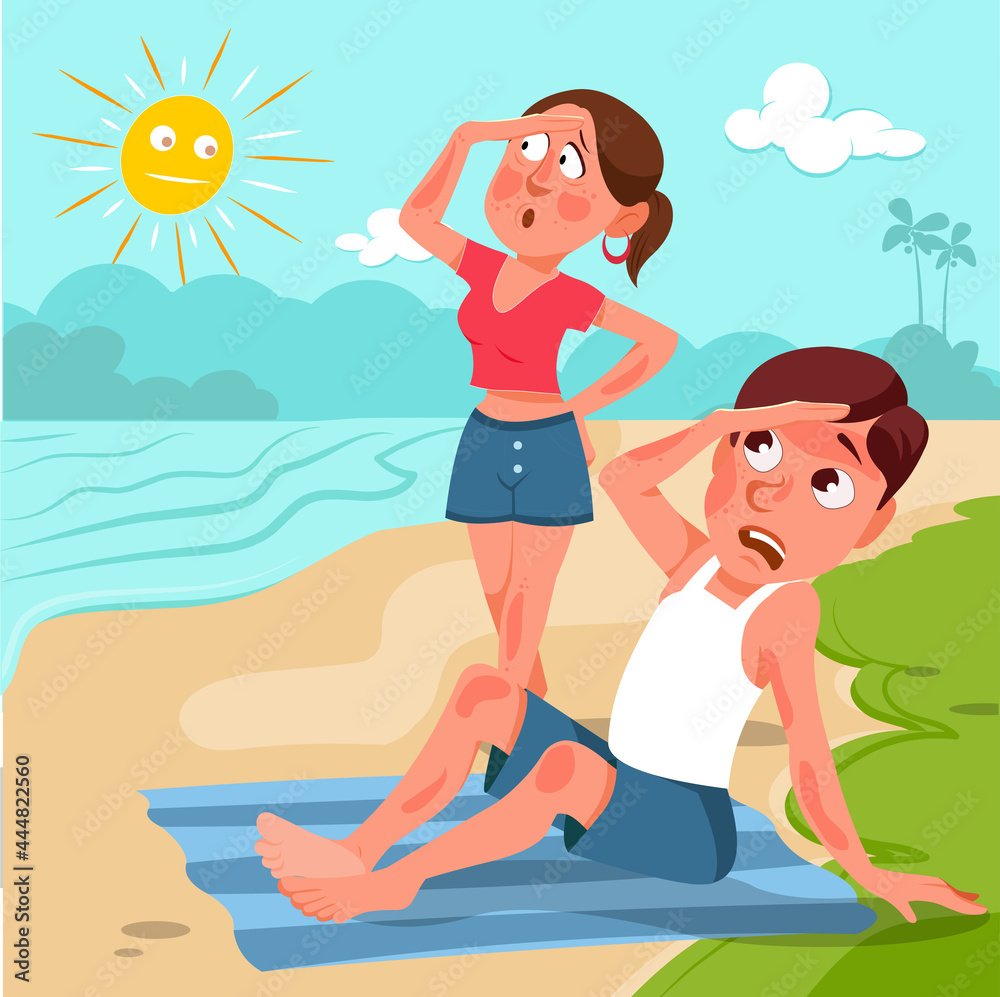 Vetor de Cartoon Sunburn people, People in hot weather. Male and female ...