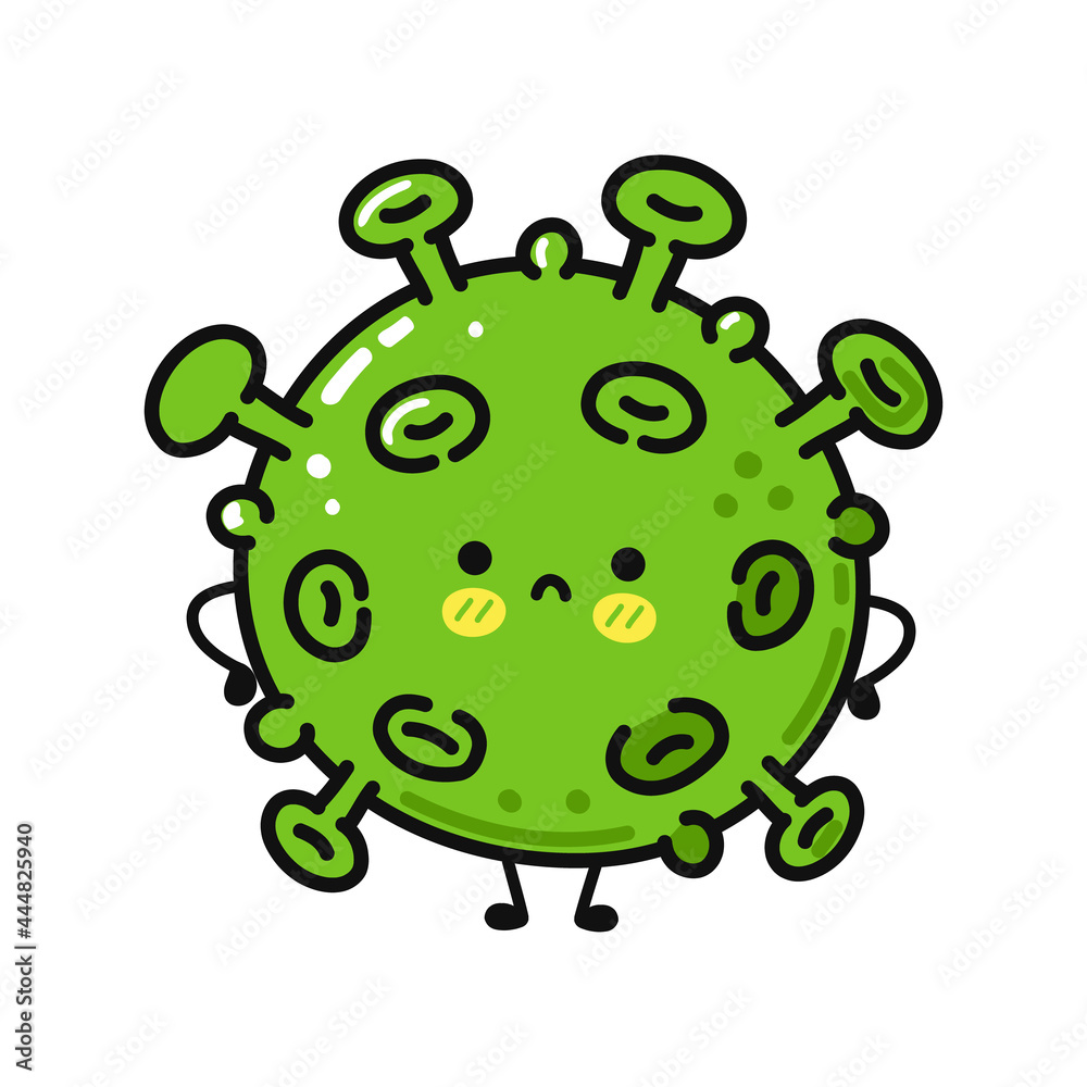 Cute sad virus character. Vector hand drawn cartoon kawaii character ...