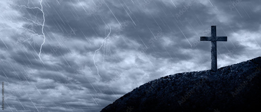Cross In Dramatic Raining Sky up hill. Creepy Scene Panoramic Sky ...