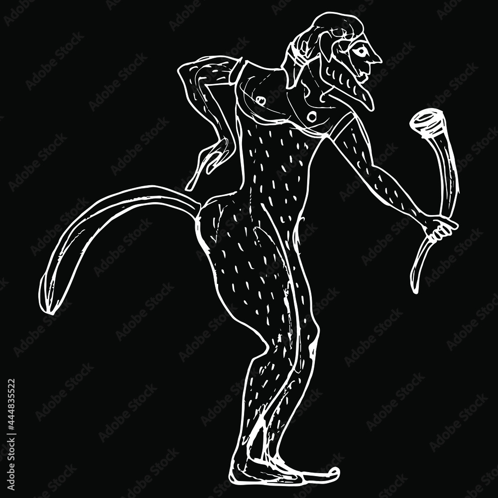 Ancient Greek satyr or Silenus holding rhyton of wine. Vase painting ...