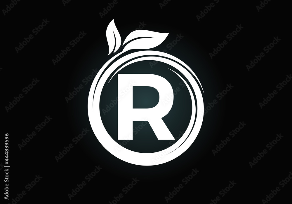 Initial R monogram letter alphabet in a spiral with green leaves. Font ...