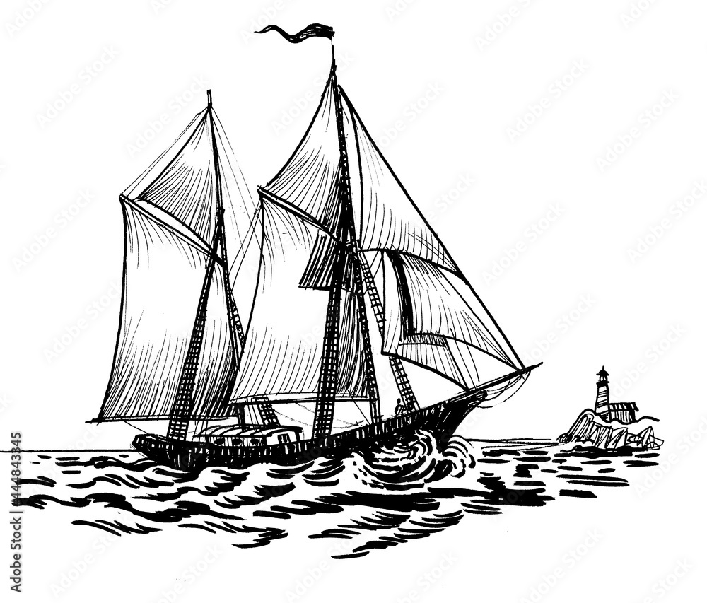 Sailing ship in the sea and lighthouse in the distance. Ink black and ...