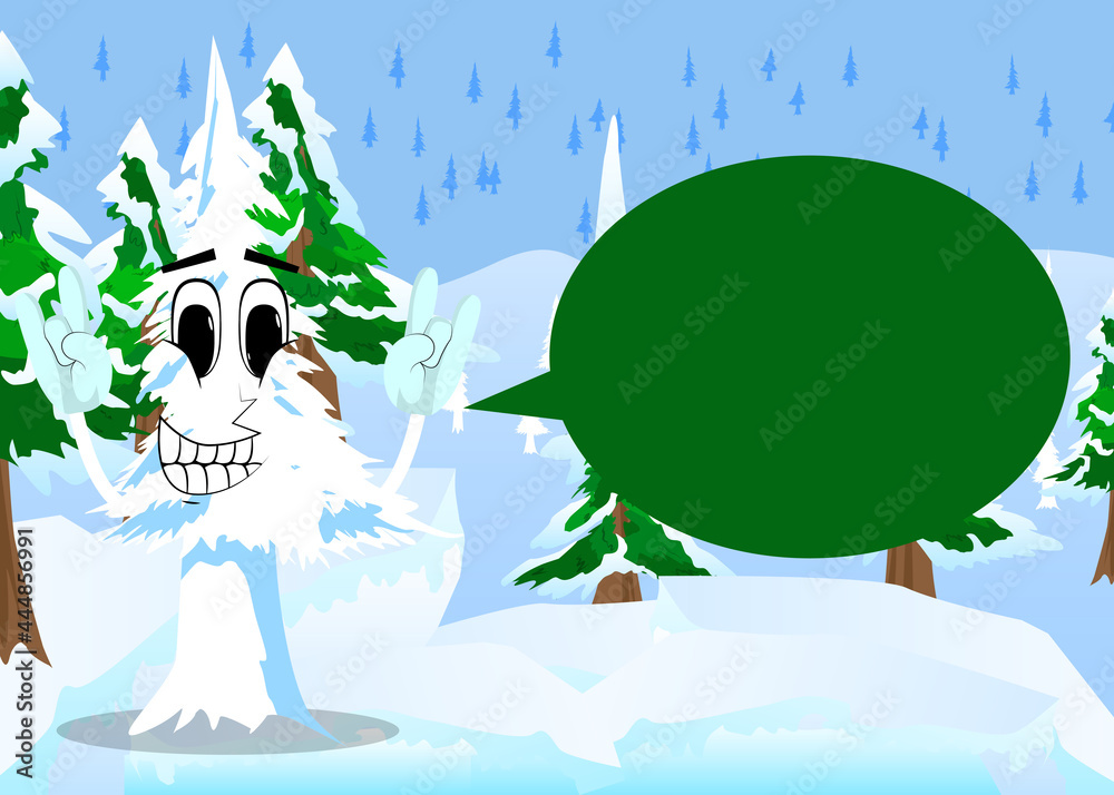 Cartoon winter pine trees with faces with hands in rocker pose. Cute ...
