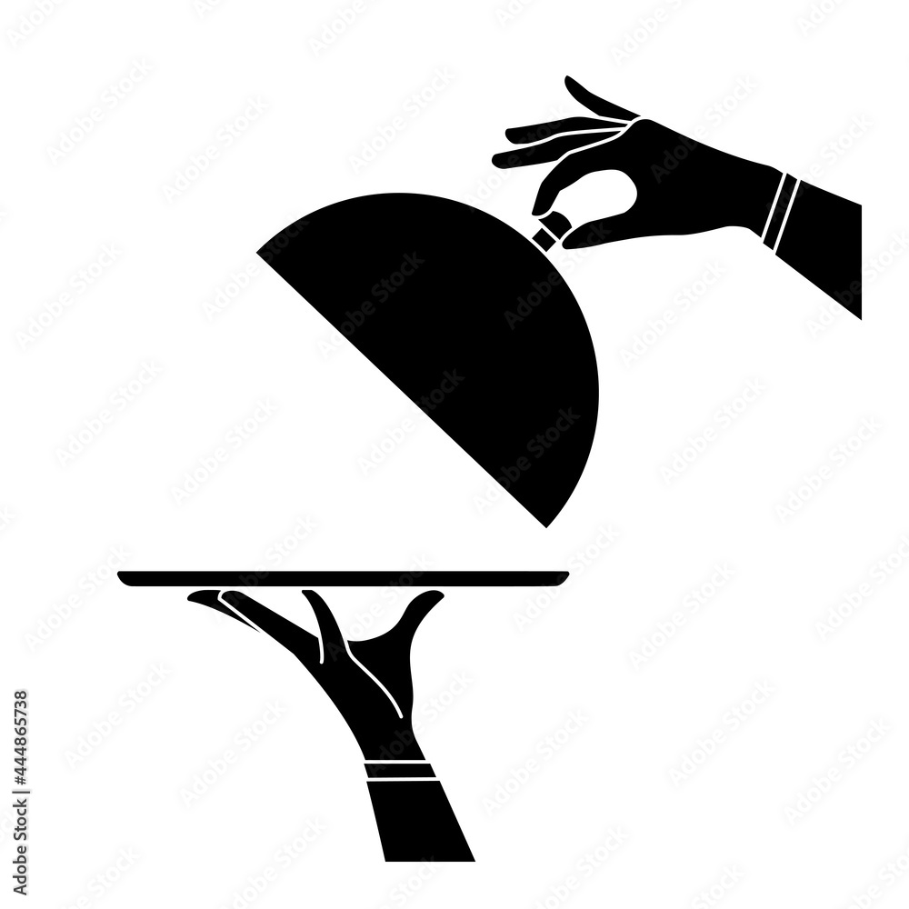 Elegant waiter hands holding silver serving tray and lid cover cloche ...