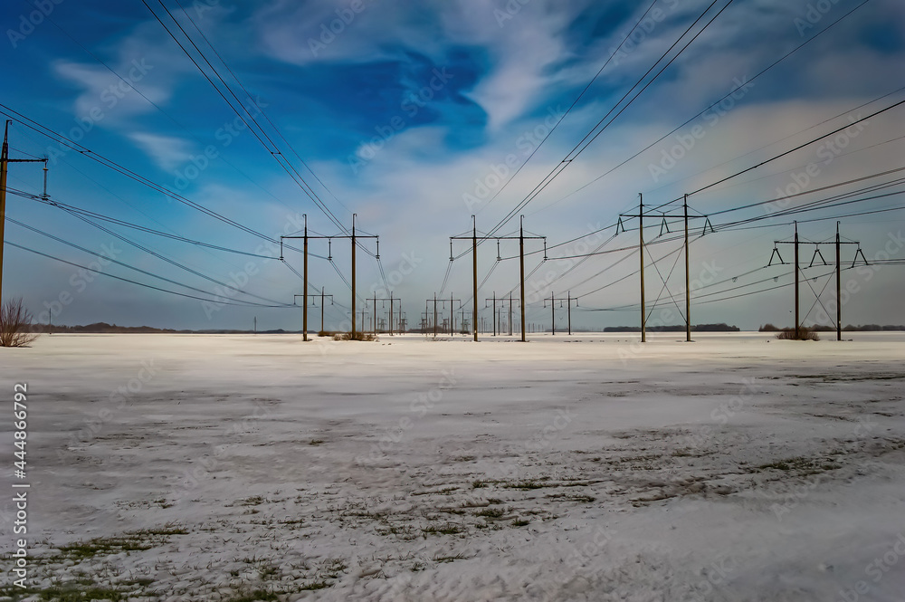 Tower with wires of a high-voltage electric line. Electric power ...