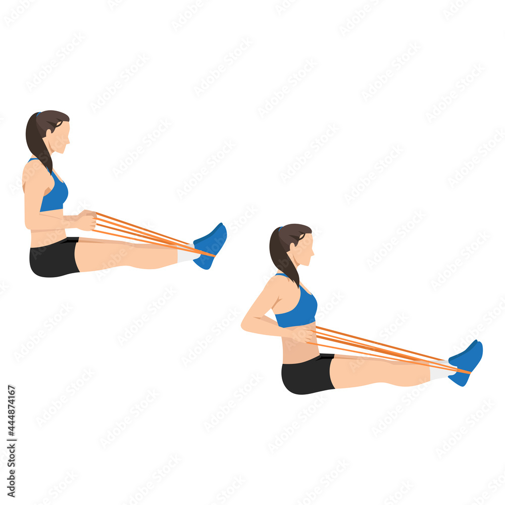 Woman doing Band seated row exercise. Flat vector illustration isolated ...