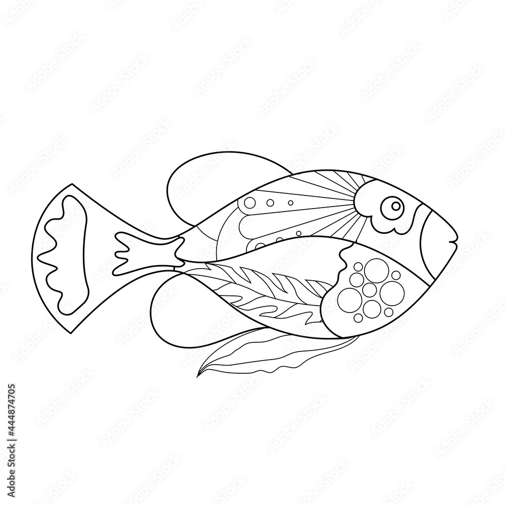 Contour linear illustration with fish for coloring book. Cute ocean ...