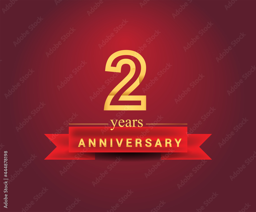 2nd years anniversary design with red ribbon and golden color isolated ...