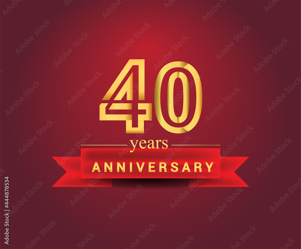 40th years anniversary design with red ribbon and golden color isolated ...